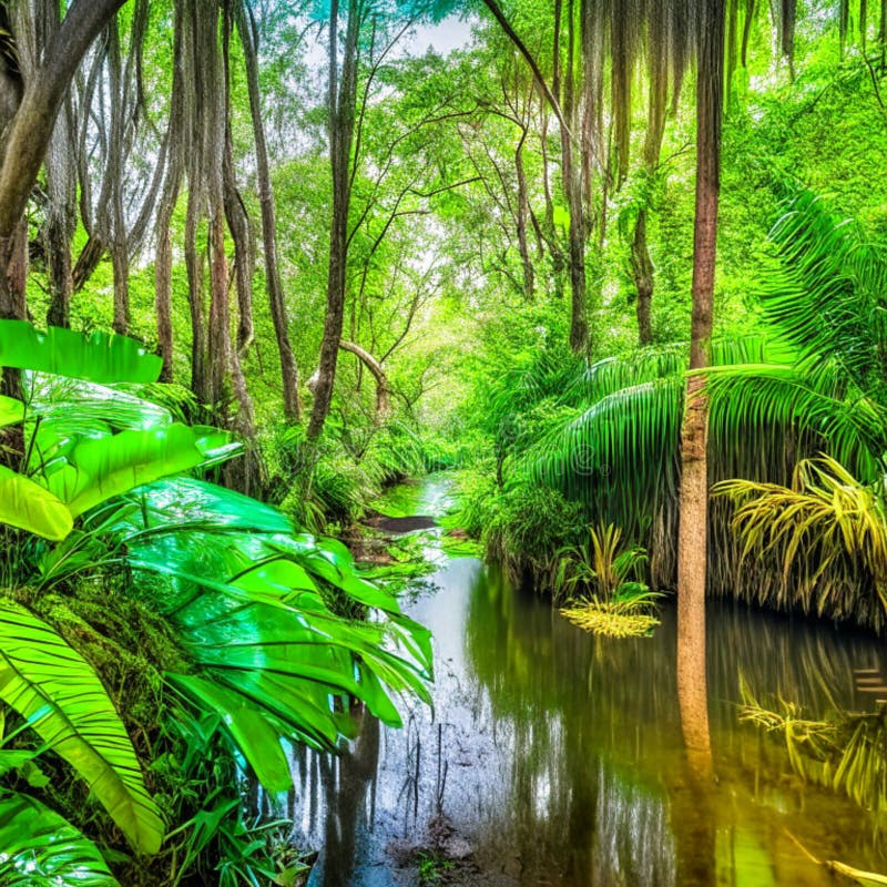 Panoramic Shot of a Stream Flowing through a Lush Green Forest AI ...