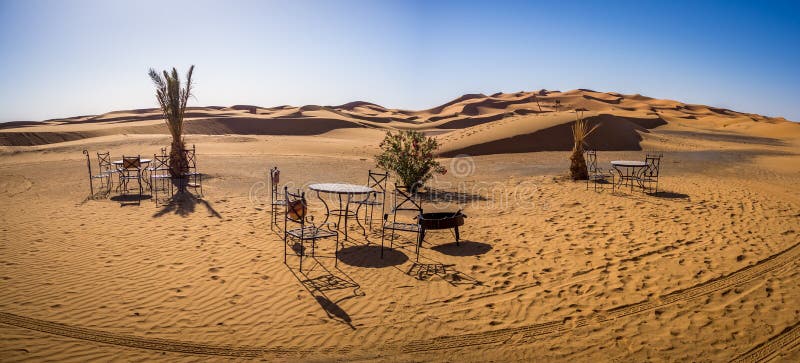 Panoramic Shot of Tables and Chairs in the Sahara Desert in Morocco ...
