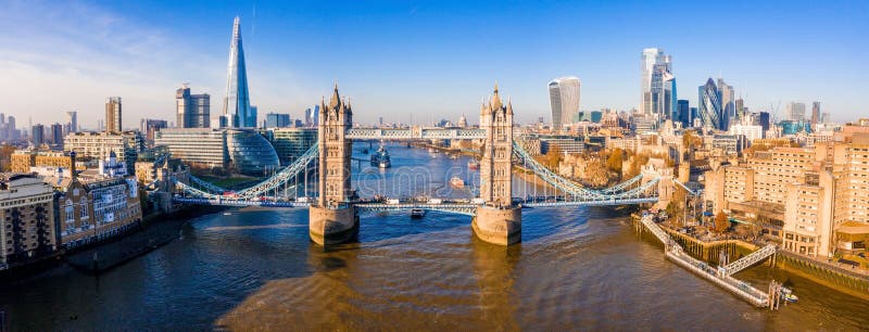 Panoramic Shot of the Tower Bridge on the River Thames Under a Blue ...