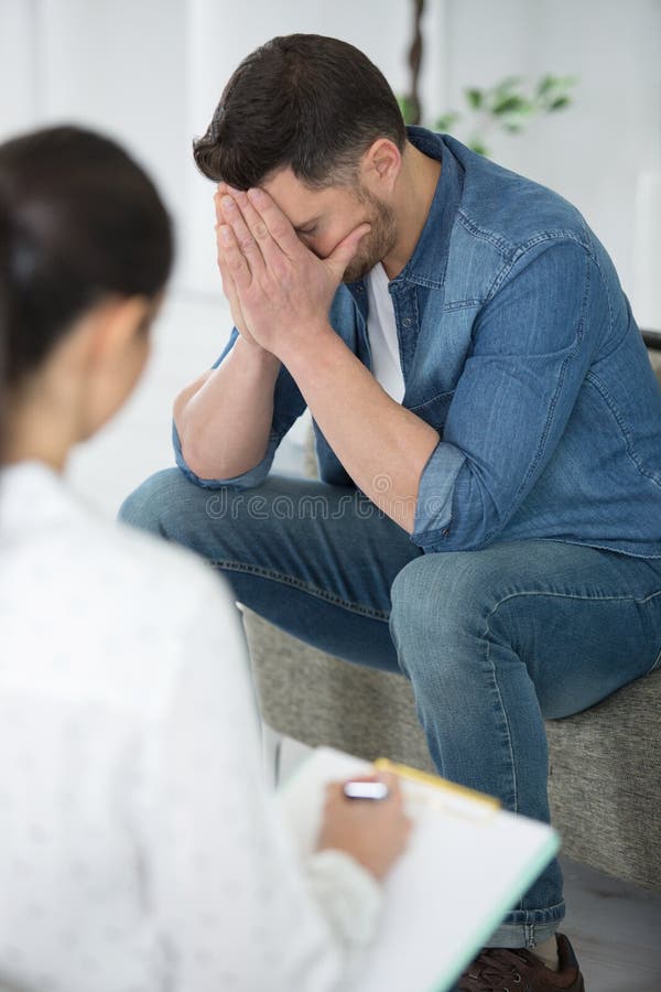 Panoramic Shot Upset Man Crying during Therapy Session Stock Image ...