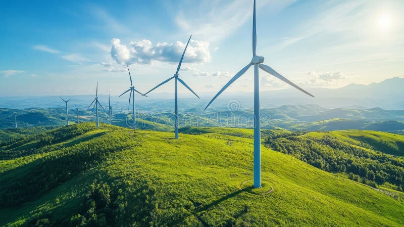 A Panoramic Shot of a Wind Park with Elevated Wind Turbines for ...