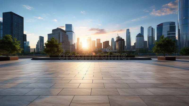 Panoramic Skyline and Buildings with Empty Concrete Square Floor Stock ...