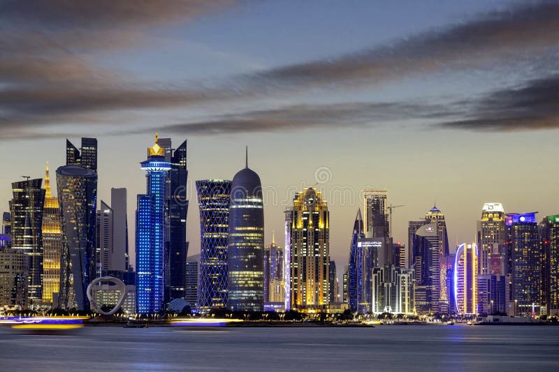 The Panoramic Skyline of Doha, Qatar during Sunrise Editorial ...