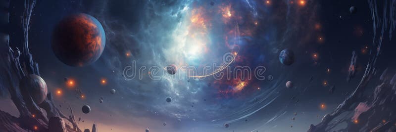 Panoramic Space Illustration Banner with Planets and Stars Web Header ...