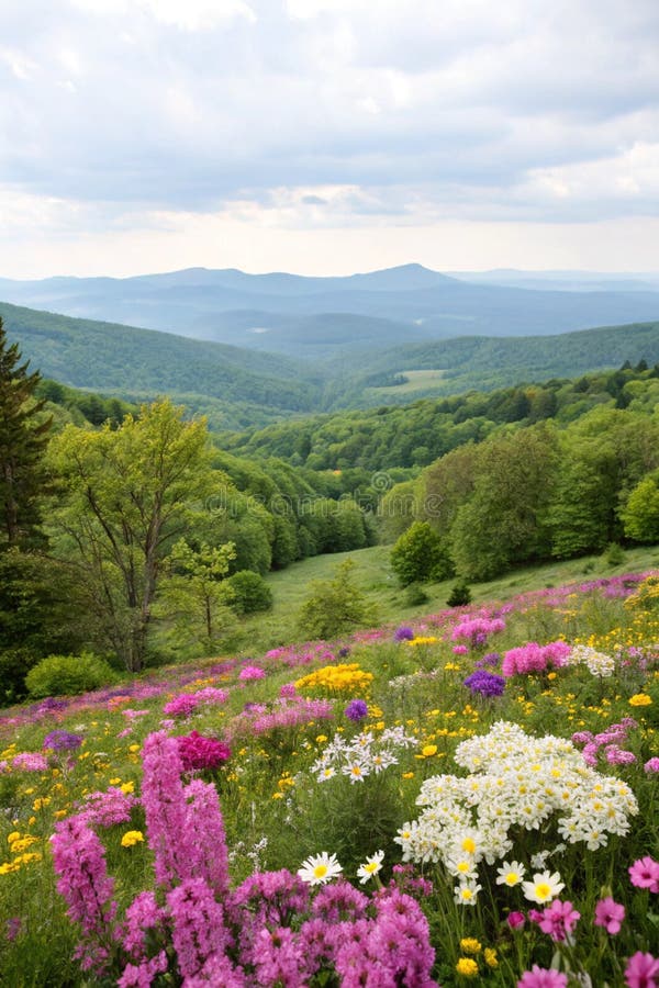 Panoramic Spring Landscape with Flowers Stock Illustration ...