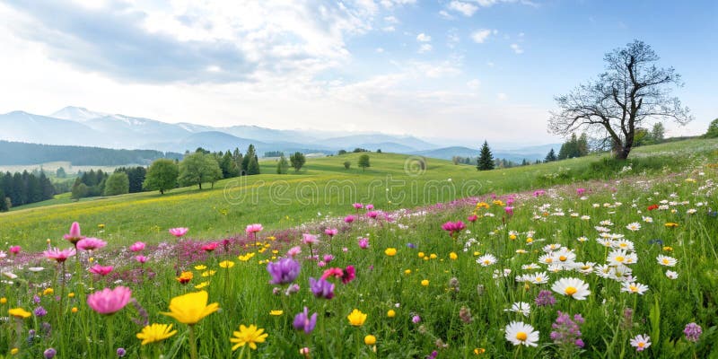 Panoramic Spring Landscape with Flowers Stock Illustration ...