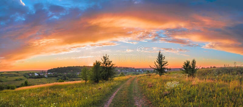 Panoramic Summer Landscape. Road among Grasses and Picturesque Sunset ...