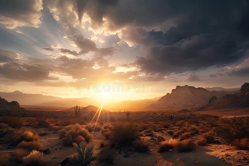 Panoramic Sunrise Over Desert Landscape, with Dramatic Clouds and Sky ...