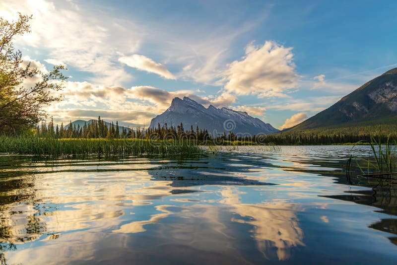 Panoramic Sunrise Reflections on Vermilion Lakes in Banff Stock Photo ...
