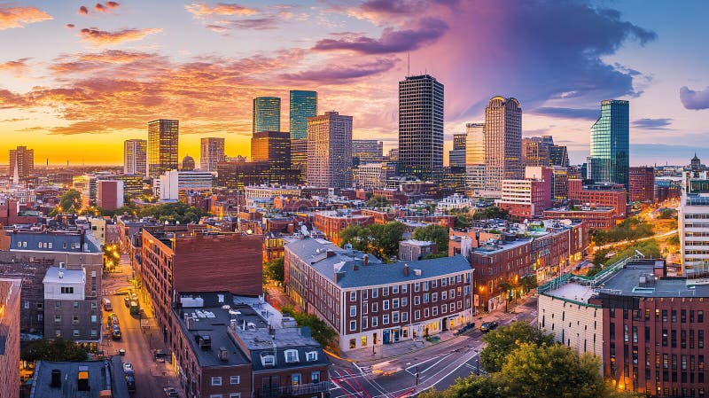 Panoramic Sunset View of Boston City Skyline Stock Photo - Image of ...