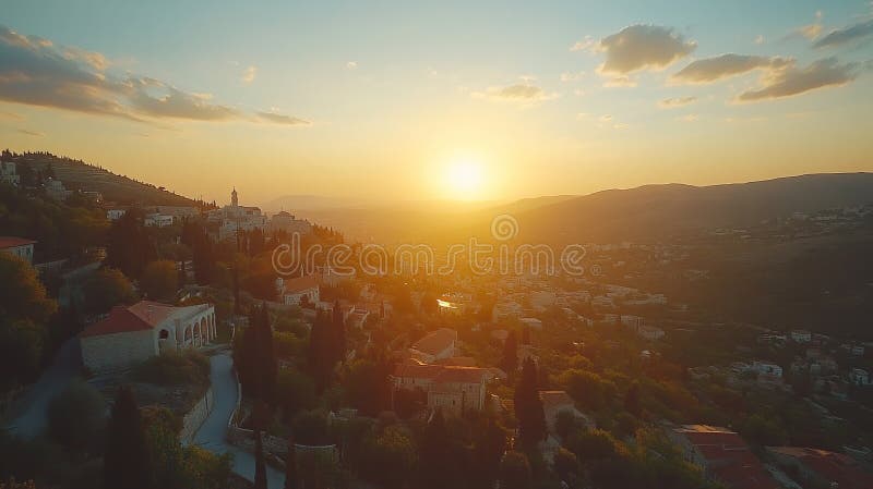 Panoramic Sunset View of Hillside Village Stock Illustration ...