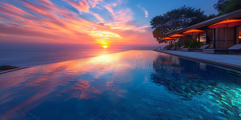 Panoramic Sunset View of the Infinity Pool at Luxury Oceanfront Resort ...