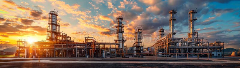 Panoramic Sunset View of a Large Industrial Factory with Tall ...