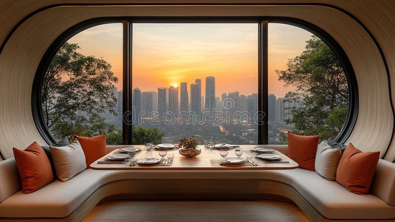 Panoramic Sunset View from a Modern Dining Room Stock Illustration ...