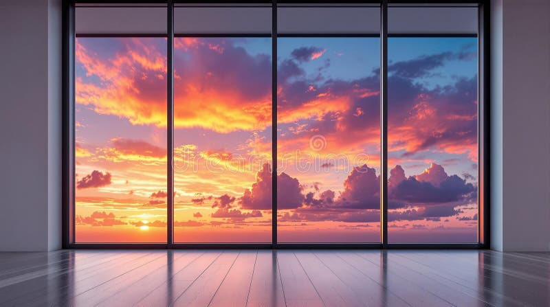 Panoramic Sunset View through Modern Floor To Ceiling Glass Windows ...