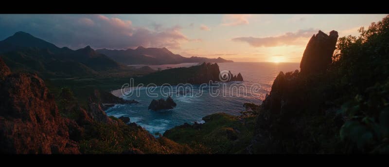 Panoramic Sunset View Over the Ocean with Rocky Cliffs and Distant ...