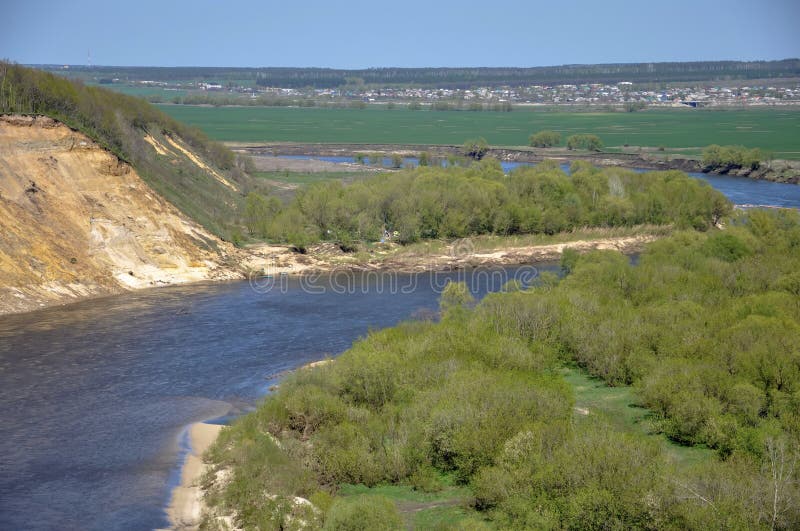 Panoramic Top View of the Bend of a Large River.Trees with Young Spring ...