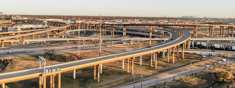 Panoramic Top View Stack Highway Viaduct with Traffic Near Dallas ...