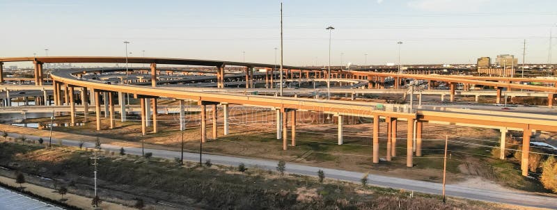 Panoramic Top View Stack Highway Viaduct with Traffic Near Dallas ...