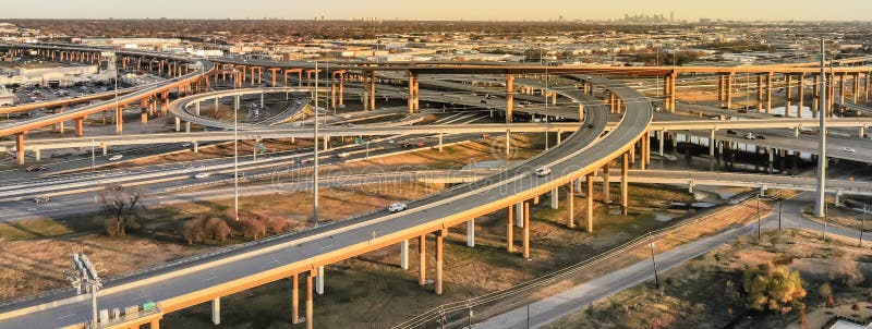 Panoramic Top View Stack Highway Viaduct with Traffic Near Dallas ...