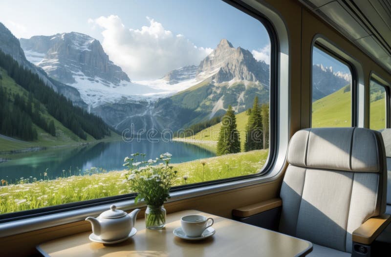 Panoramic Train Ride through Alpine Scenery Stock Illustration ...