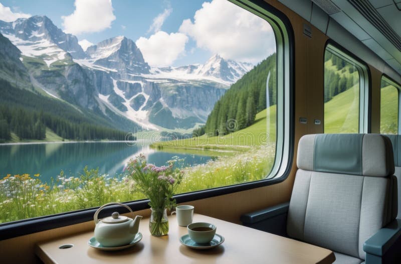 Panoramic Train Ride through Alpine Scenery Stock Illustration ...