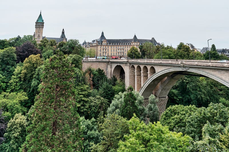 Panoramic View of the Adolphe Bridge in the City Center of Luxemburg ...