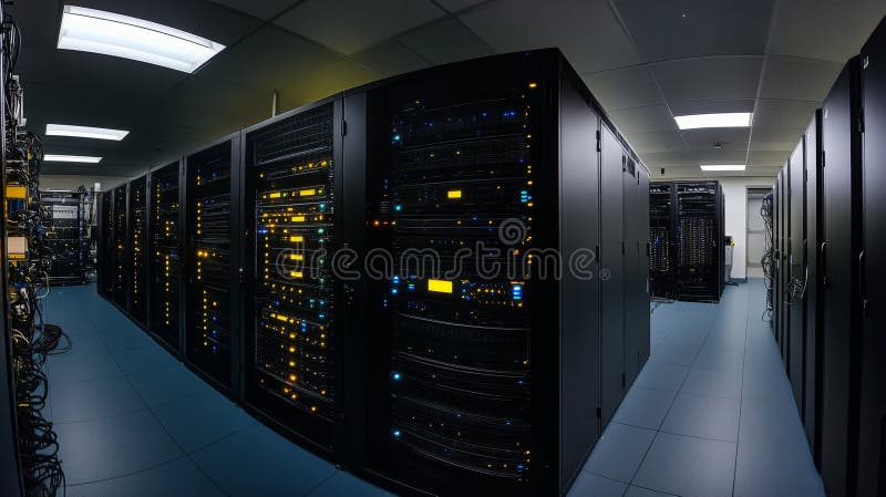 Panoramic View of Advanced Server Room with Technological Equipment ...