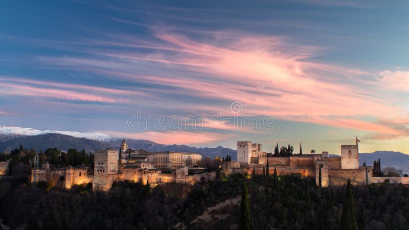 Panoramic View of Alhambra at Sunset Stock Photo - Image of attraction ...