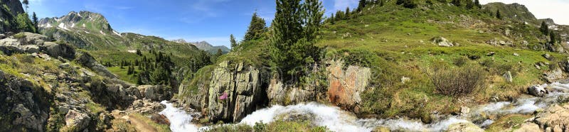 Panoramic View of Alpine Landscape with Flowing Stream and Lush ...