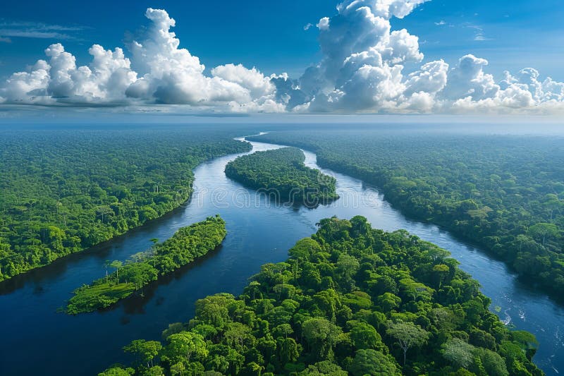 Panoramic View of the Amazon Rainforest and River, with White Clouds in ...