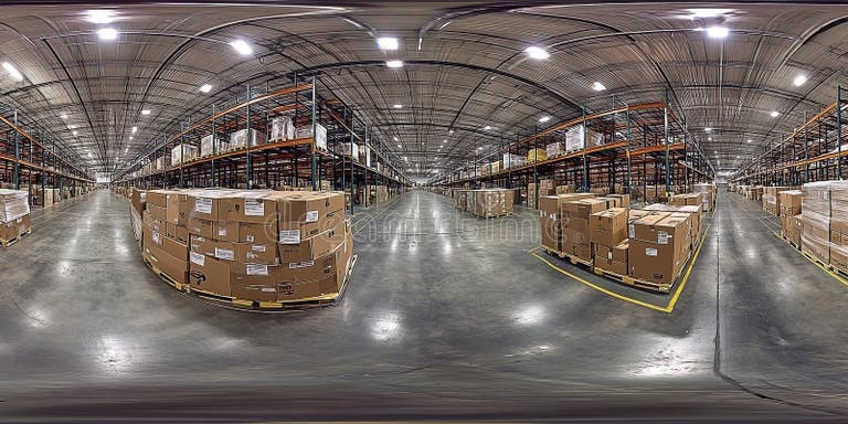 Panoramic View of an Amazon Warehouse Interior with Palletized Goods ...