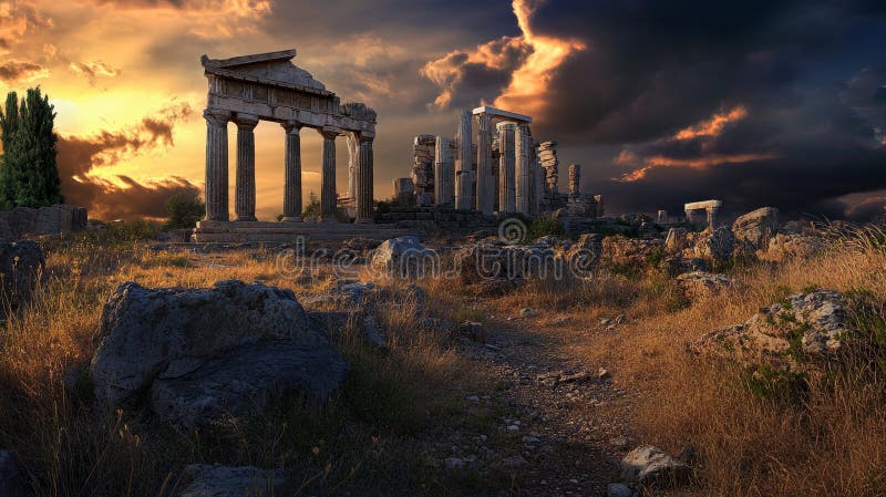 Panoramic View of Ancient Greek Temple Ruins at Dusk with a Dramatic ...