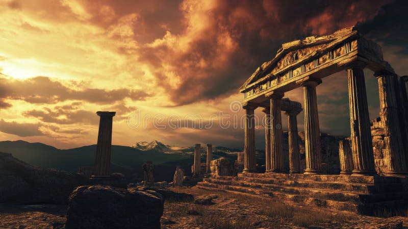 Panoramic View of Ancient Greek Temple Ruins at Dusk with a Dramatic ...
