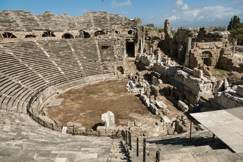 View of Antique Roman Amphitheater in Side, Turkey Stock Photo - Image ...