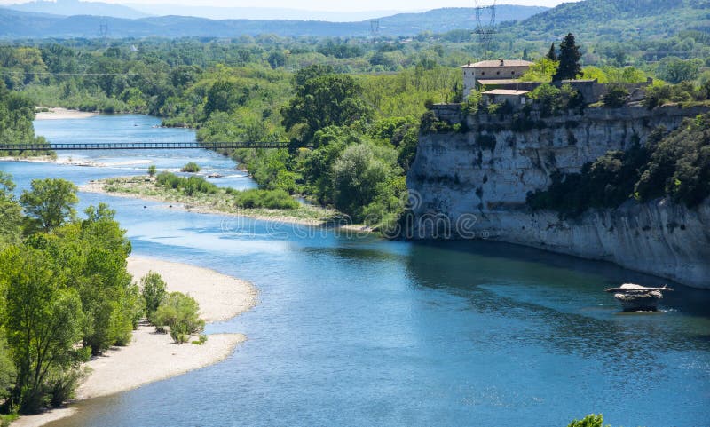 Panoramic View of Ardeche River Stock Image - Image of building, view ...