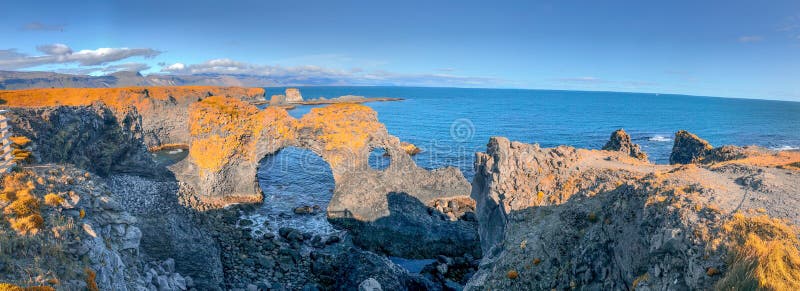 Panoramic View of Arnarstapi Coastline, Iceland. Snaefellsnes Rocks in ...