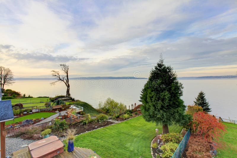 Panoramic View of Backyard Area. Luxury House Exterior Stock Image ...