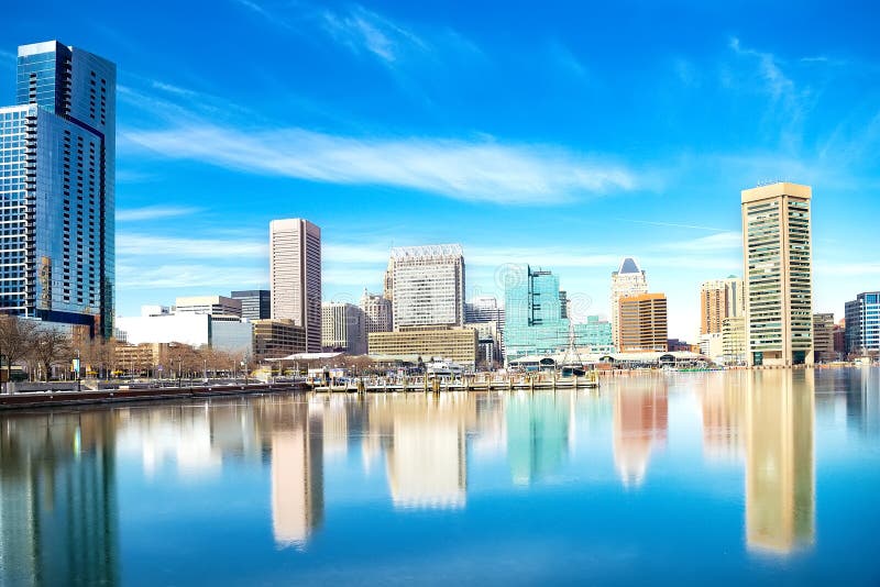 Panoramic View of Baltimore with Reflection in Frozen Inner Bay Harbor ...