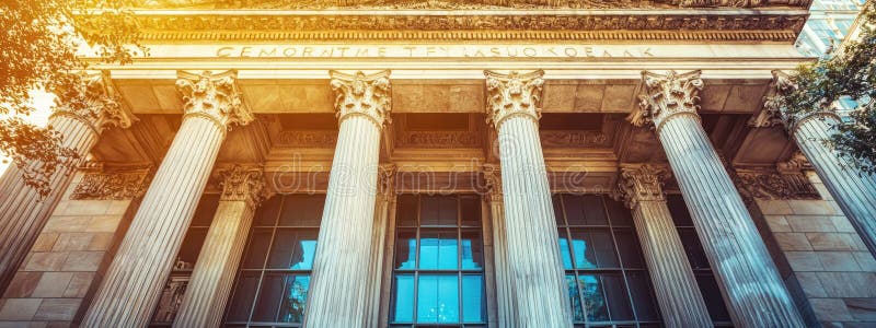 Panoramic View of Bank Exterior, Showcasing Its Columns and ...