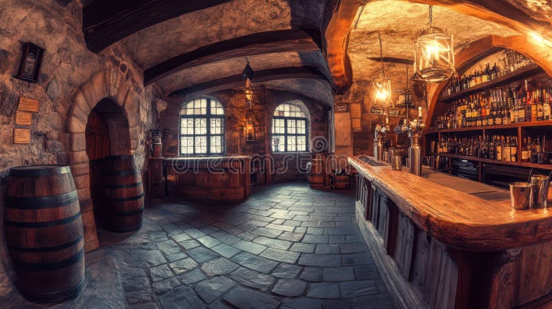 Panoramic View of a Bar in a Medieval Tavern, Glowing with Light Stock ...