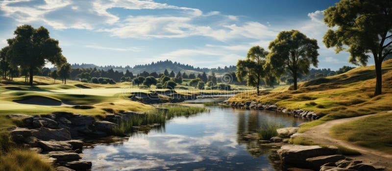 Panoramic View of a Beautiful Golf Course with Trees and Lake Stock ...