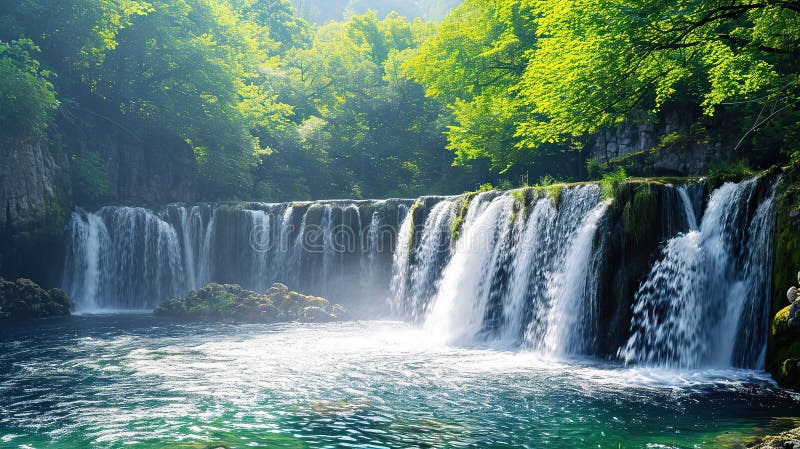 Panoramic View of Beautiful Waterfall. Generative AI Stock Illustration ...