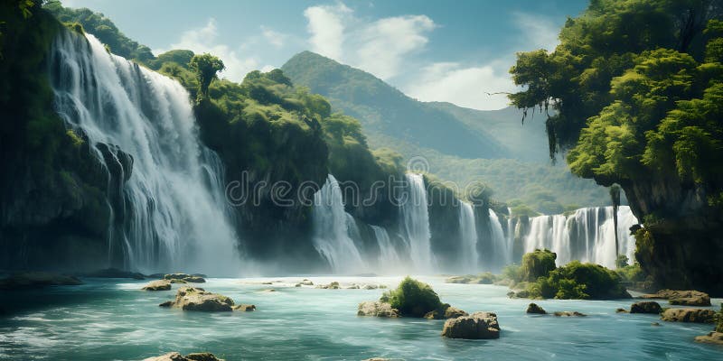 Panoramic View of Beautiful Waterfall in the Forest. Toned Stock ...