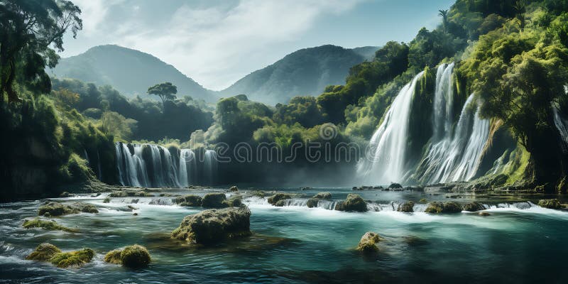 Panoramic View of Beautiful Waterfall in the Forest. Toned Stock ...