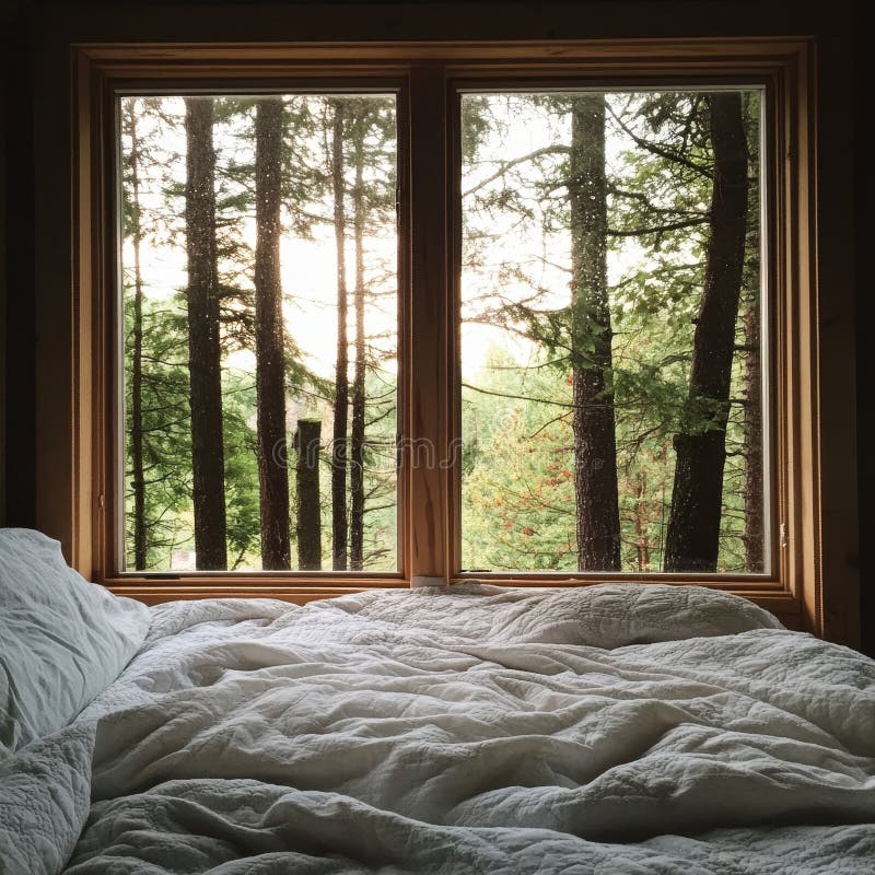 Panoramic View of a Bedroom with a Window Overlooking the Forest Stock ...