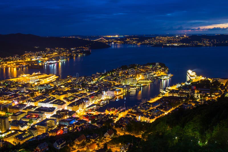 White Night of Bergen from View Point Floyen, Panoramic View, Bergen ...