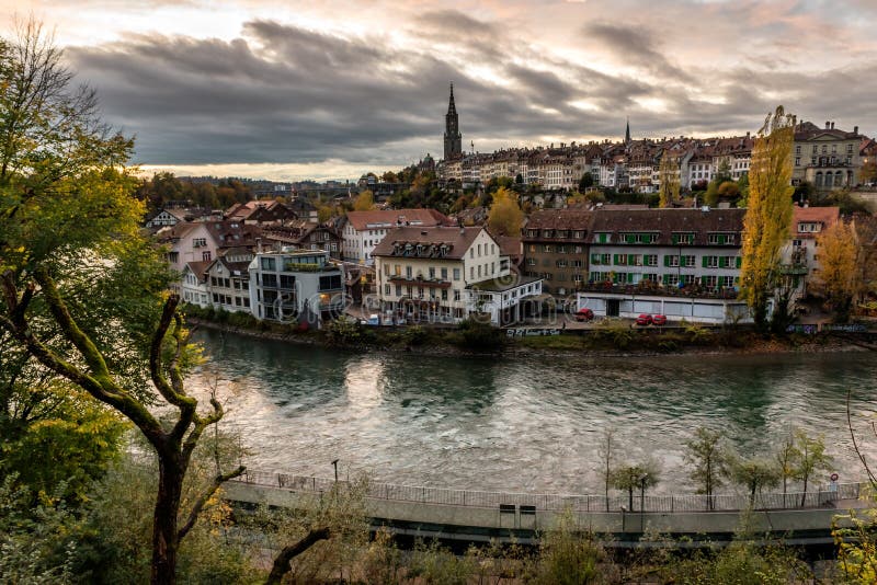 Bern Old Town with the Aare River at Sunset in Bern, Switzerland Stock ...