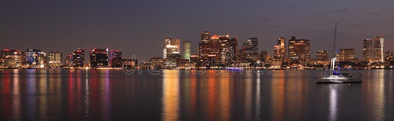 Panoramic View of Boston Skyline and Harbor at Night with Atlantic ...