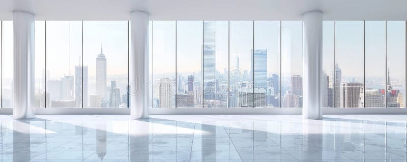 Panoramic View of Bright Modern Empty Office Space Overlooking City ...